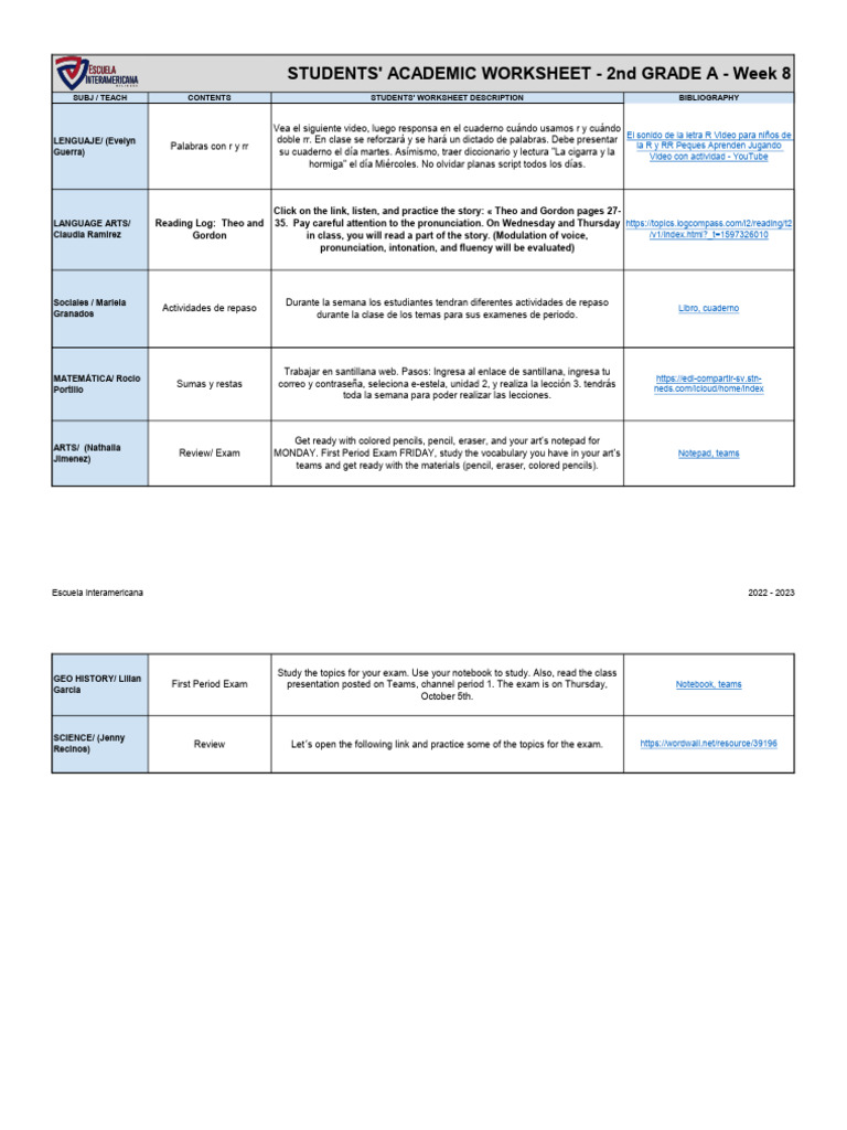 Students' Academic Worksheet - 2Nd Grade A - Week 8: LENGUAJE/ (Evelyn ...