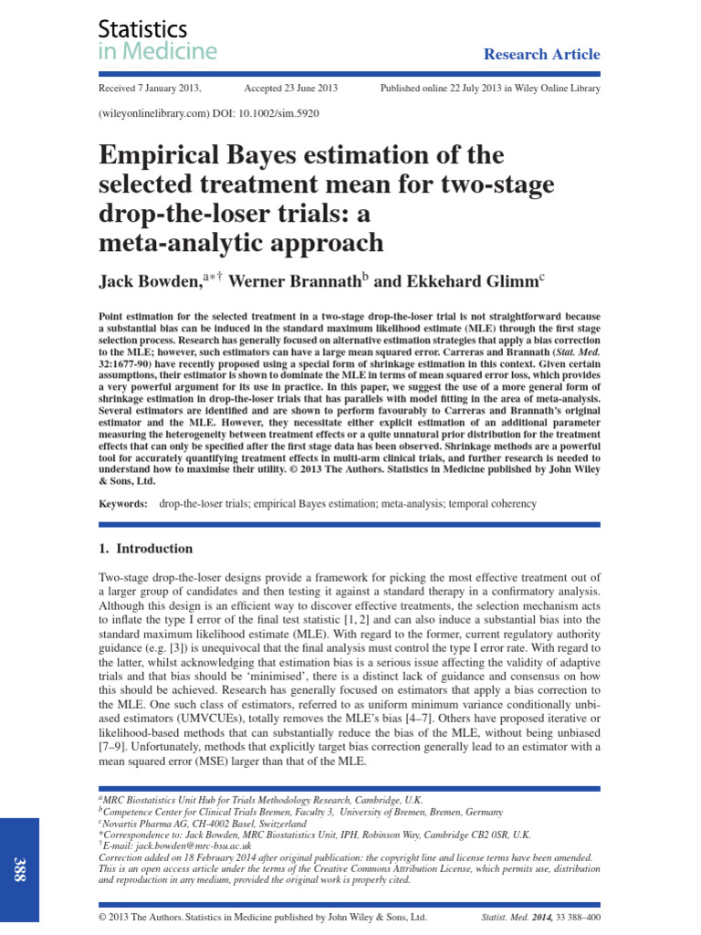 Empirical Bayes Estimation of The Selected Treatment Mean For Two Stage ... Empirical Bayes Estimation of The Selected Treatment Mean For Two Stage ...
