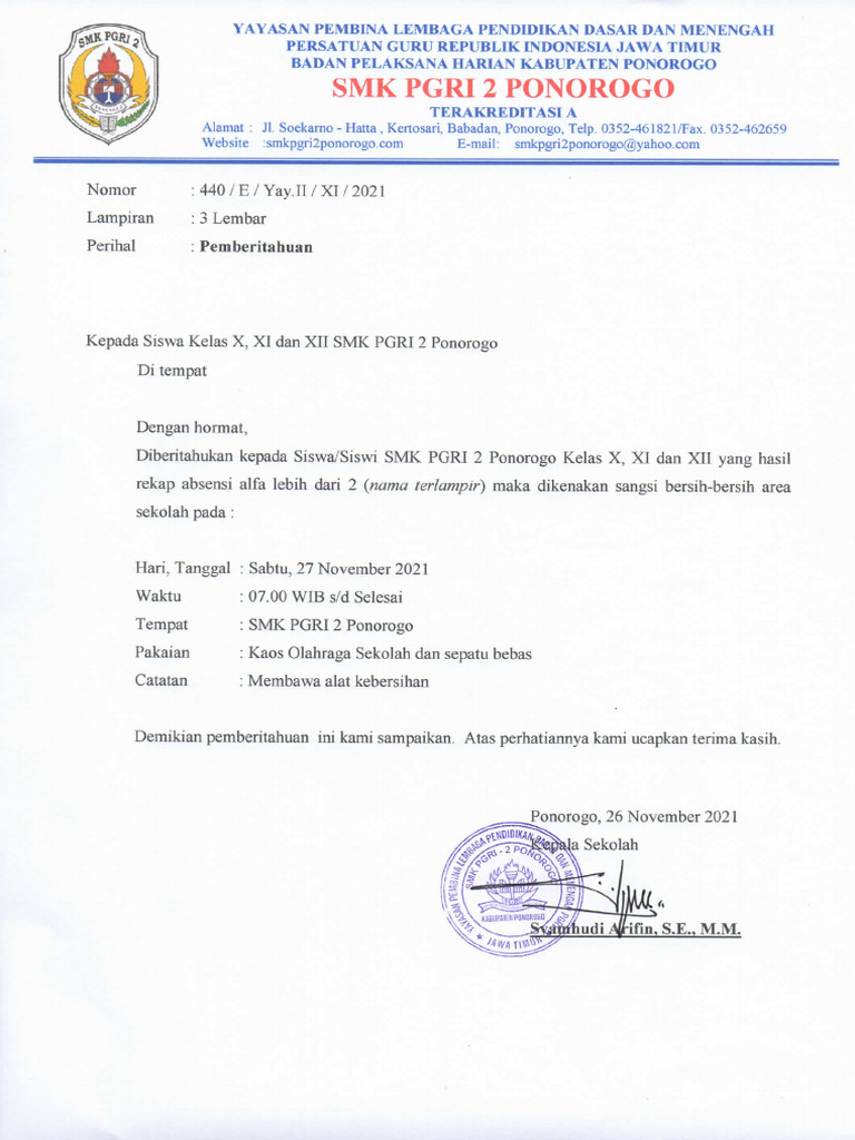 Pemberitahuan Sangsi Alfa Siswa SMK PGRI 2 Ponorogo | PDF