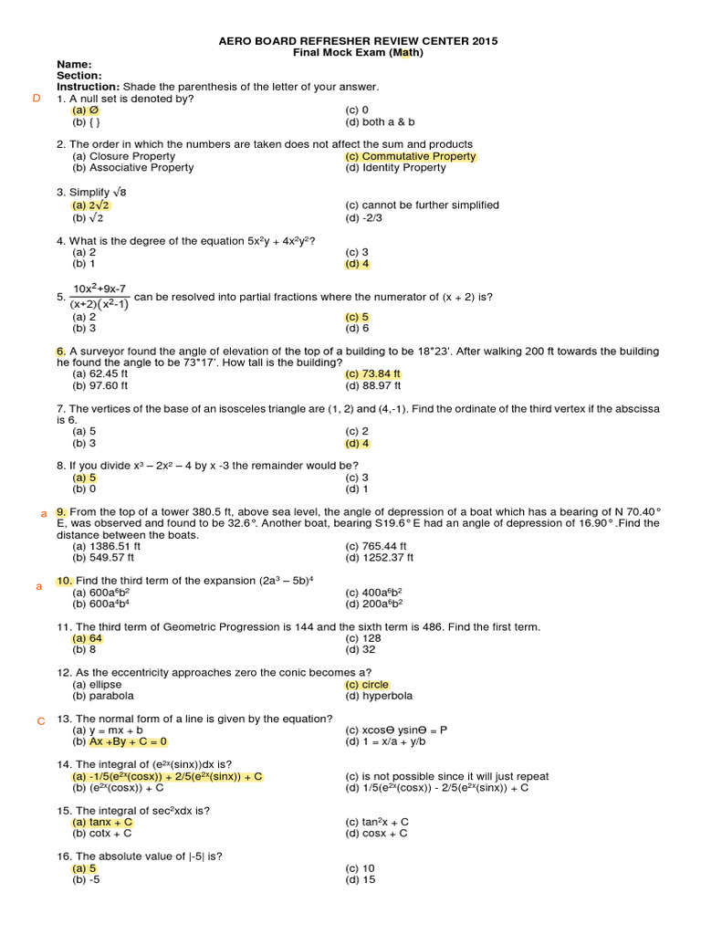 Aero Board Refresher Review Center 2015 Final Mock Exam (Math) Name: Section: Instruction: Shade ...