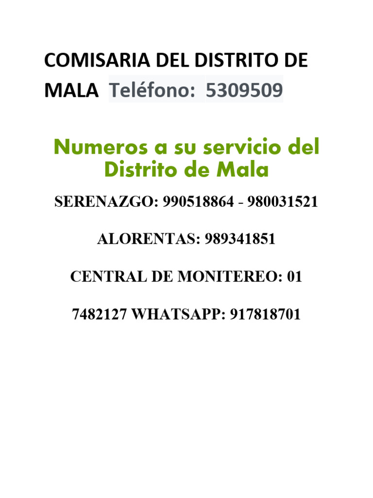Comisaria Del Distrito de Mala Teléfono | PDF