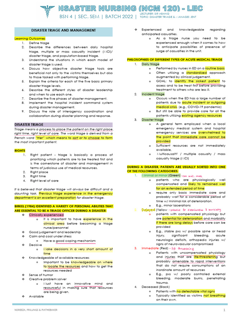 NCM 120 Lec Disaster Triage Management | PDF