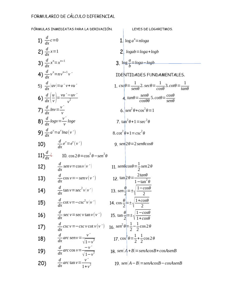 Formulario de Calculo Diferencial e Integral | PDF