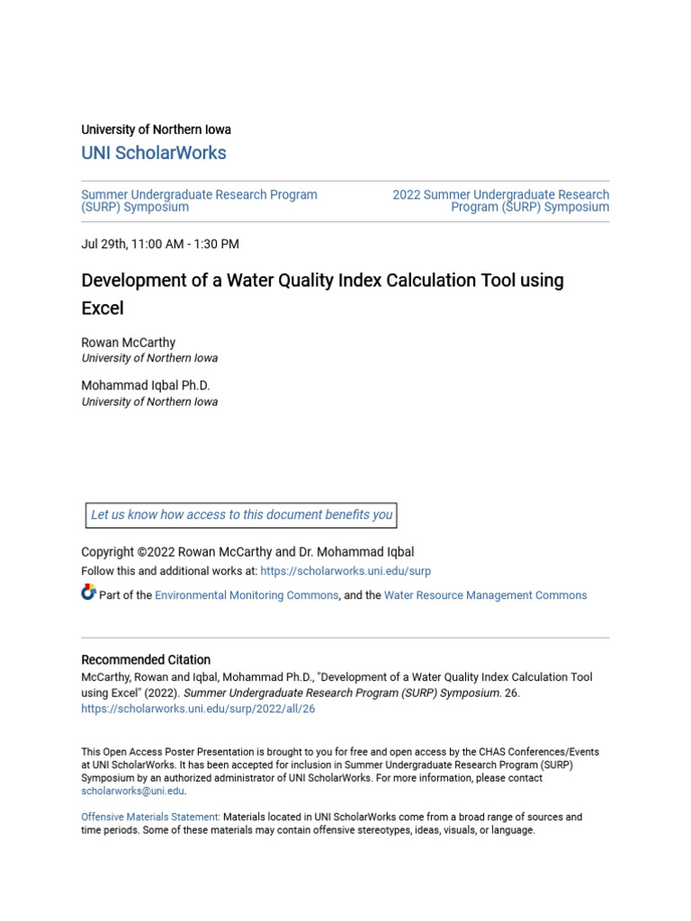 Development of A Water Quality Index Calculation Tool Using Excel | PDF
