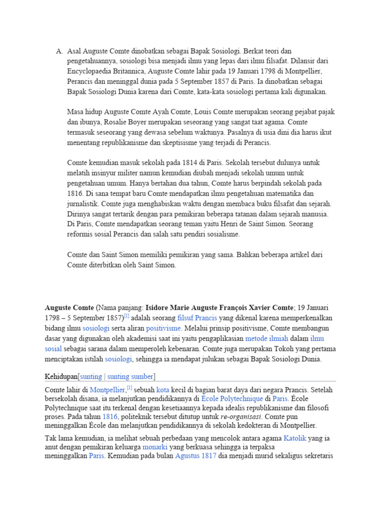 Asal Auguste Comte Dinobatkan Sebagai Bapak Sosiologi | PDF