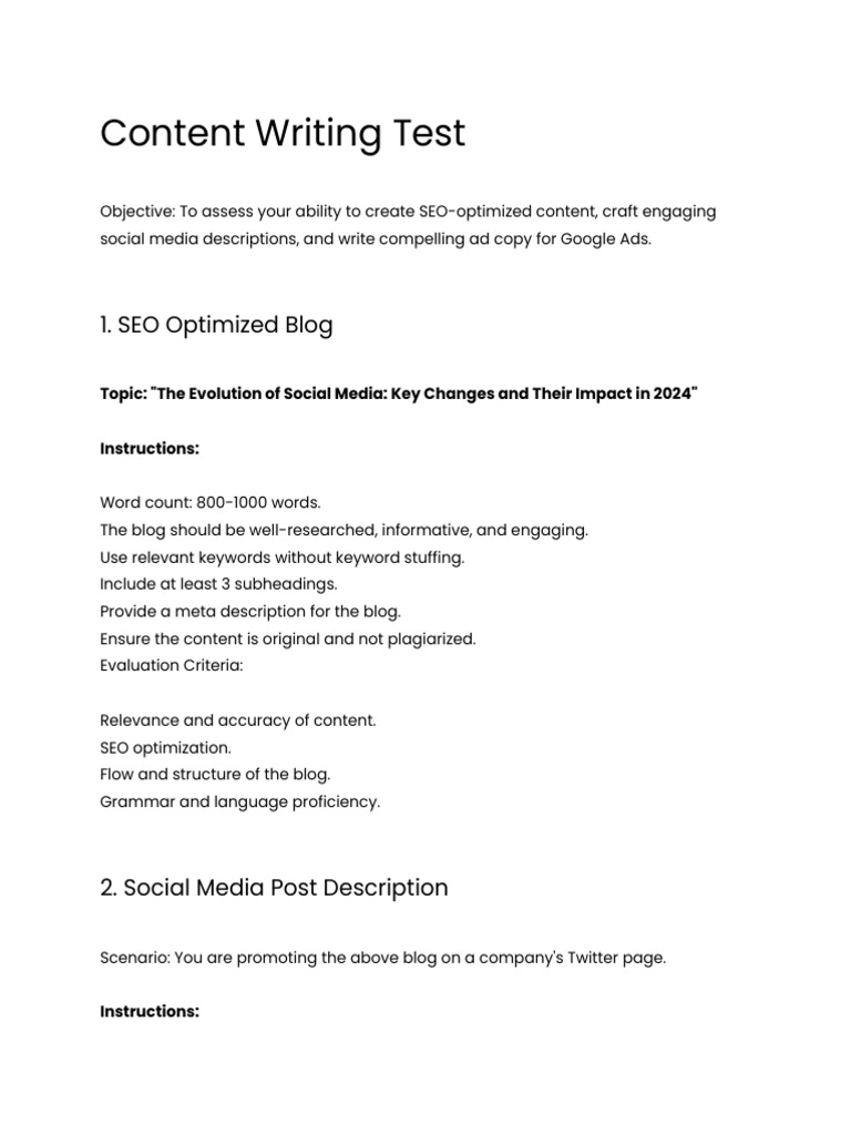 Writing Test - Content Writer | PDF