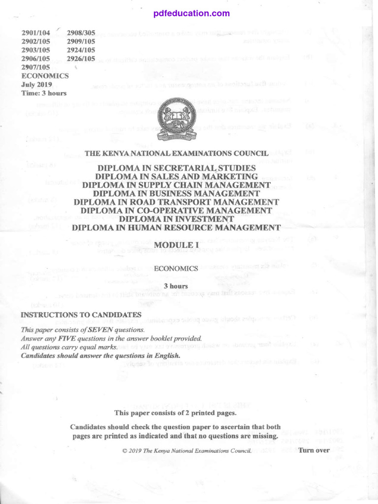 Economics KNEC Past Exam Papers July 2019 | PDF
