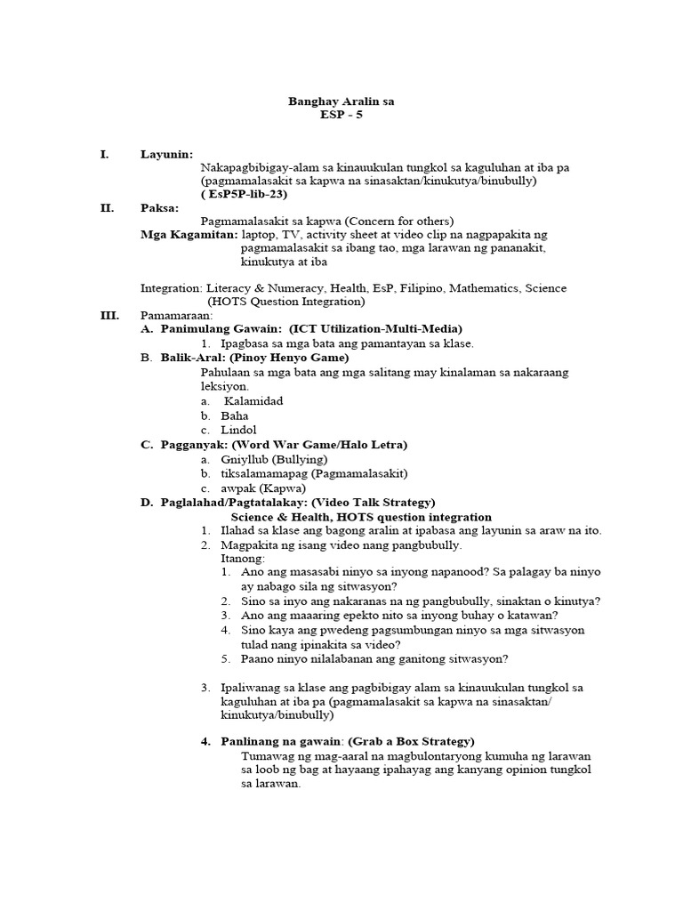 Banghay Aralin Sa ESP Week 2 Q2.docx Final | PDF