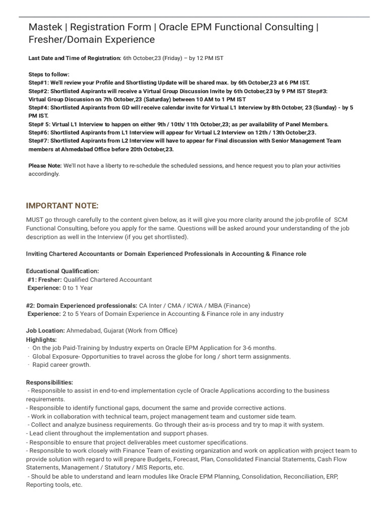 Mastek - Registration Form - Oracle EPM Functional Consulting - Fresher ...