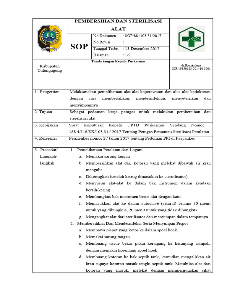 SOP. Pembersihan Dan Sterilisasi Alat | PDF