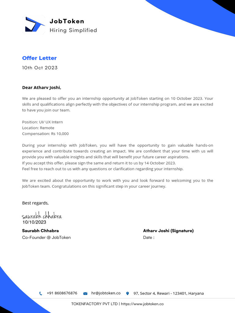 JobToken Internship Offer Letter | PDF