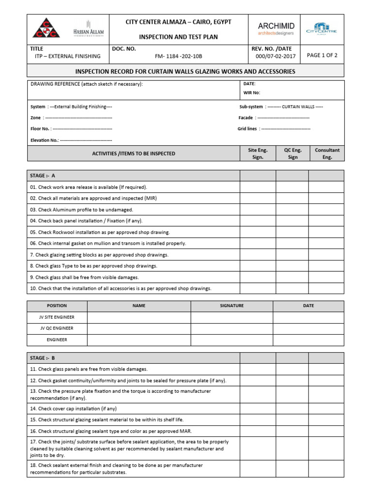 FM-1184-202-10B REV 000 Inspection Record For Curtain Walls Glazing ...