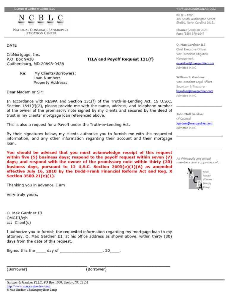 Mortgage Payoff and TILA Request | PDF