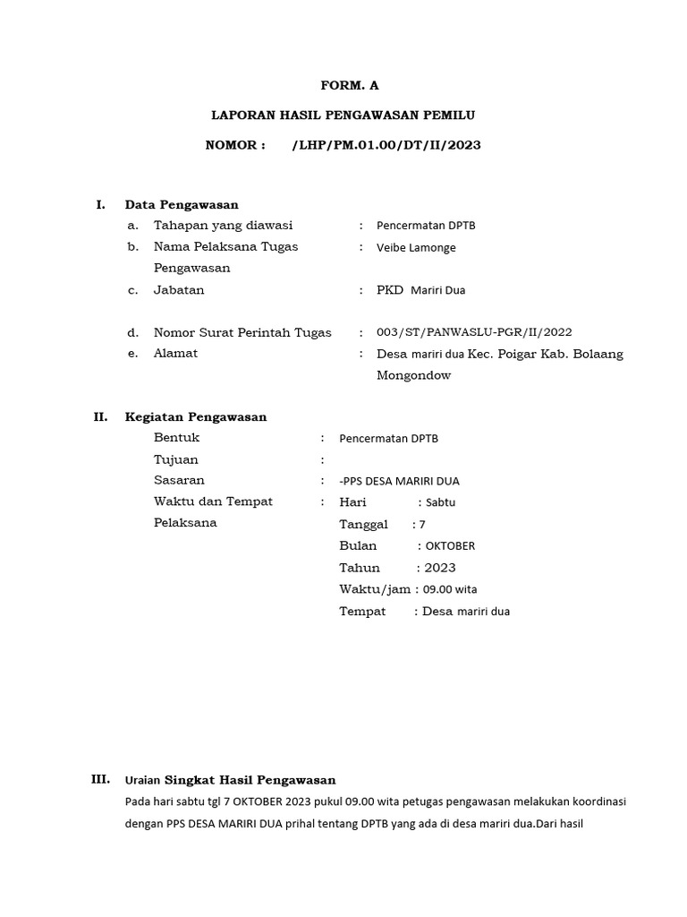 LHP Pencermatan DPTB Desa Mariri Dua 7 Oktober 2023 | PDF