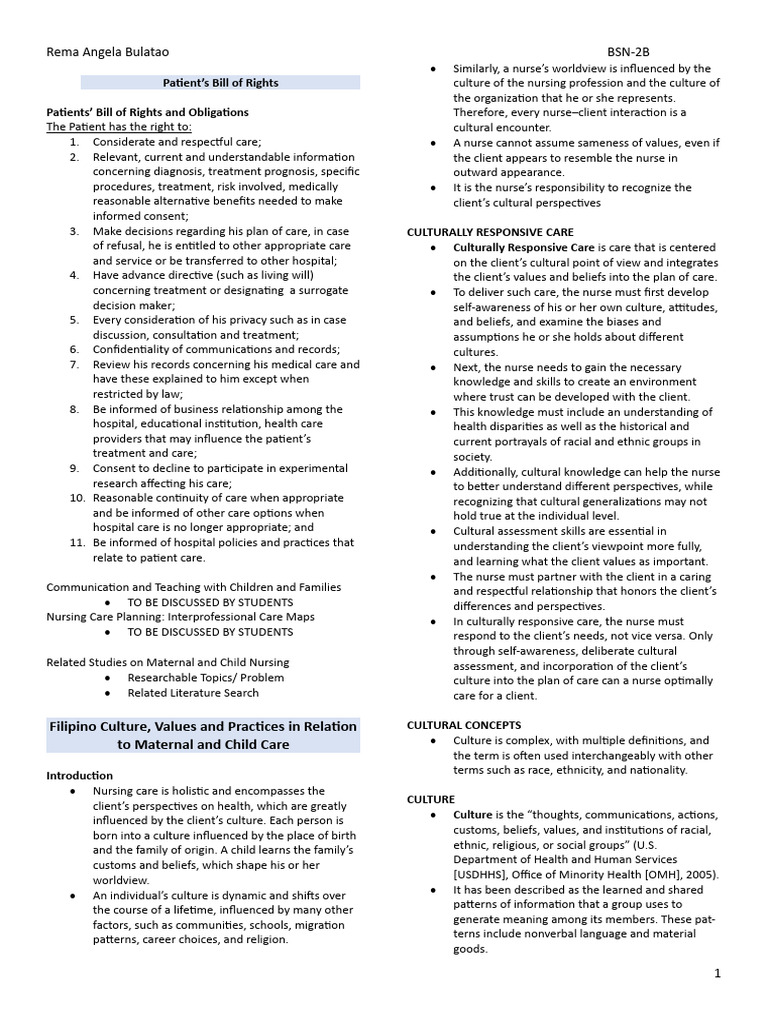 Bill-of-Rights-Filipino-Culture-NOTES | PDF | Nursing | Informed Consent