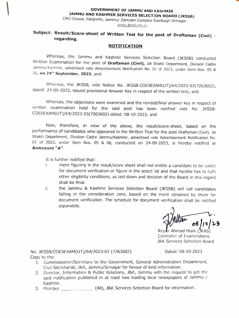 Result Draftsman Civil 08102023 | PDF Result Draftsman Civil 08102023 | PDF