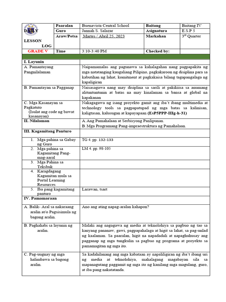 Daily Lesson Plan in ESP 5 | PDF