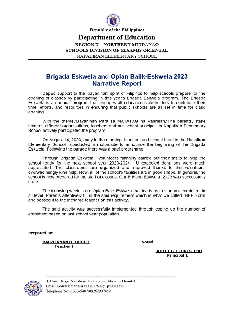 Brigada Narrative Report 2023 Tabilo | PDF