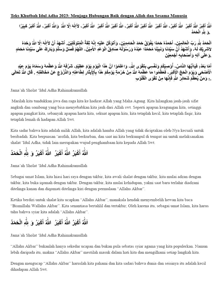 Teks Khutbah Idul Adha 2023 | PDF