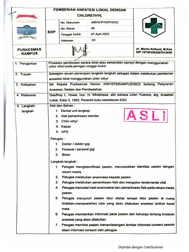 SOP Pemberian Anestesi Lokal Dengan CHlorethyl | PDF