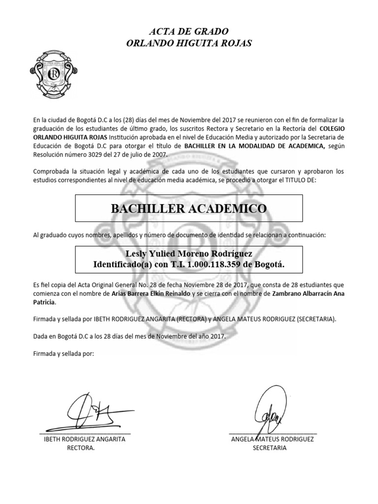 Acta de Grado Bachiller Académico | PDF