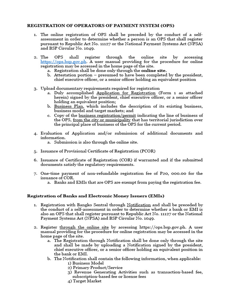 Registration of Operators of Payment System | PDF