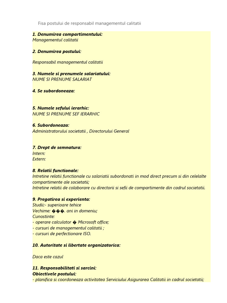 Fisa postului de responsabil managementul calitatii | PDF