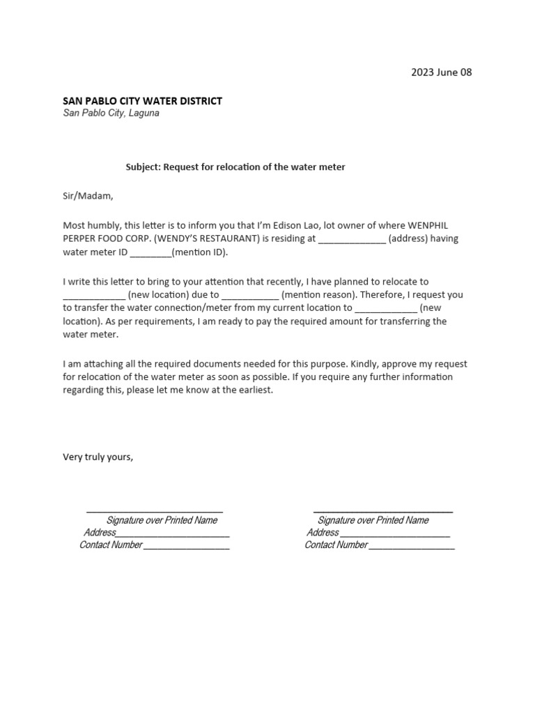 Relocation of Water Meter - Letter Request | PDF