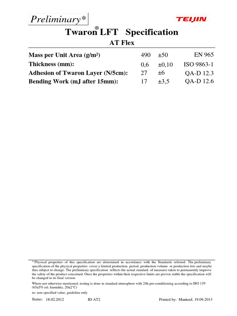 TDS-TEIJIN-TWARON LFT AT FLEX-Polymer Laminated Aramid Fabric | PDF
