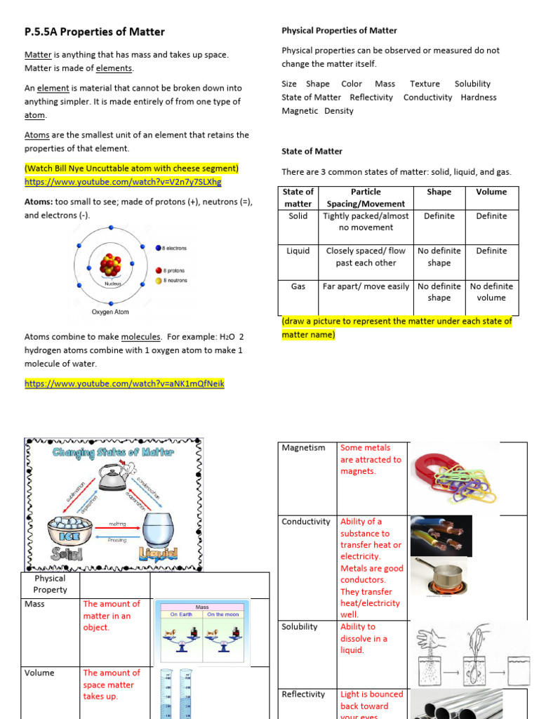 Sci P.5.5A Properties of Matter Notes | PDF | Matter | Atoms