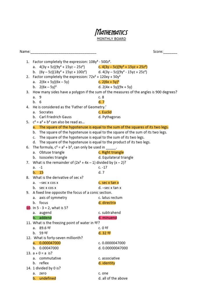 Mathematics 1-30 Questionnaire | PDF