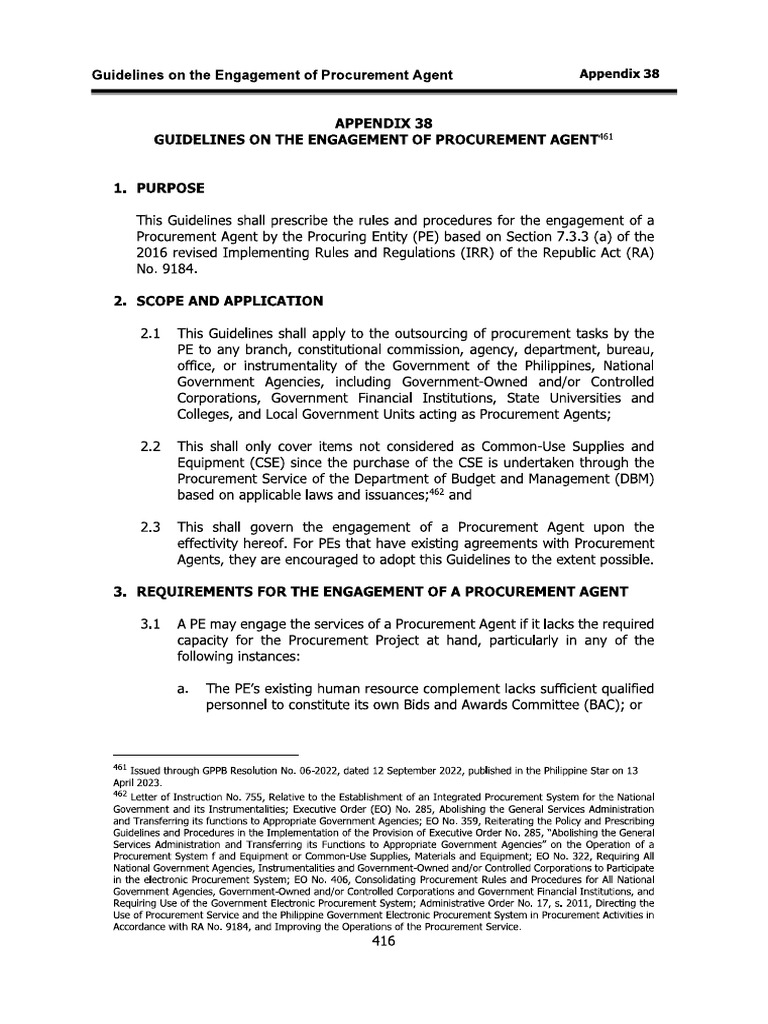 Appendix 38 IRR RA 9184 (Engagement of Procurement Agent) | PDF