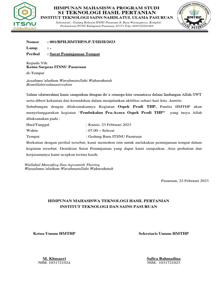001 Surat Peminjaman Tempat Pra Osjur | PDF