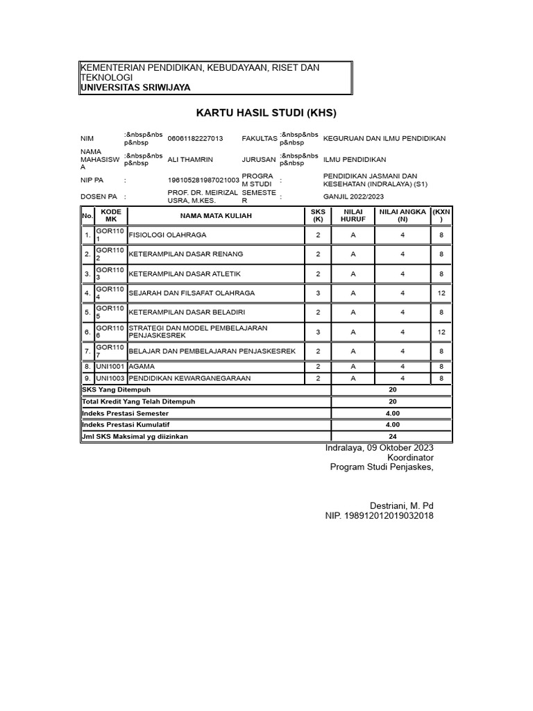 Kartu Hasil Studi (KHS) : Universitas Sriwijaya | PDF