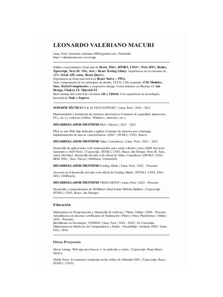Leonardo Valeriano Macuri: Educación | PDF