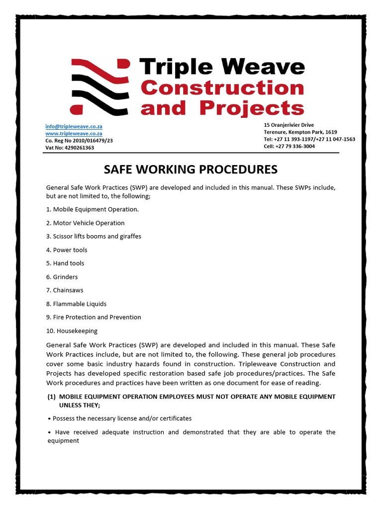 Safe Work Procedures for Construction | PDF | Technology & Engineering