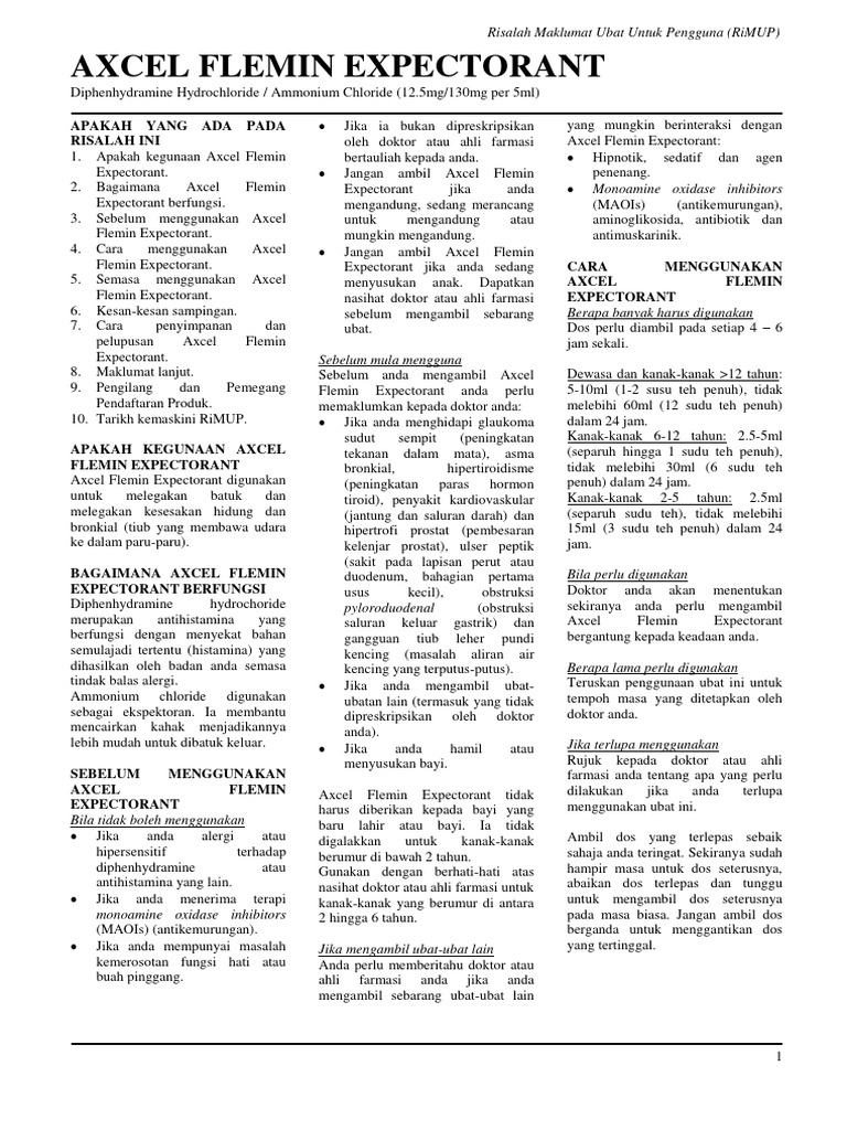 Axcel Flemin Expectorant 12.5,130mg (Diphenhydramine, Ammonium) Kotra Pharma (M) Sdn. Bhd ...
