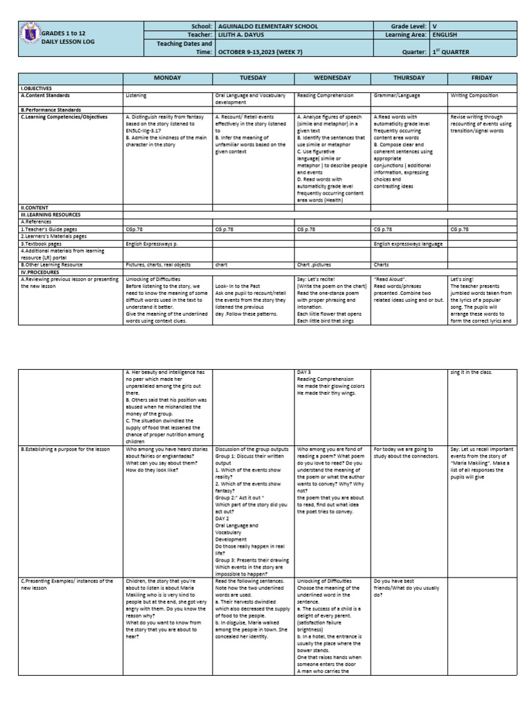 English 5 - Q1 - W7 DLL | PDF