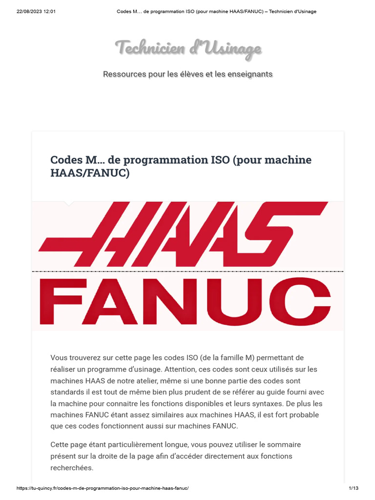 Codes M… de Programmation ISO (Pour Machine HAAS_FANUC) – Technicien d ...