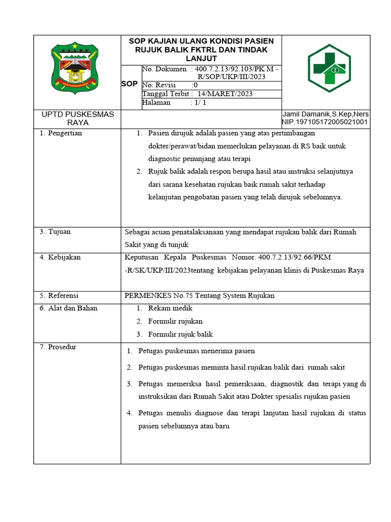 Sop Kajian Ulang Kondisi Pasien Rujuk Balik FKTRL Dan Tindak Lanjut | PDF