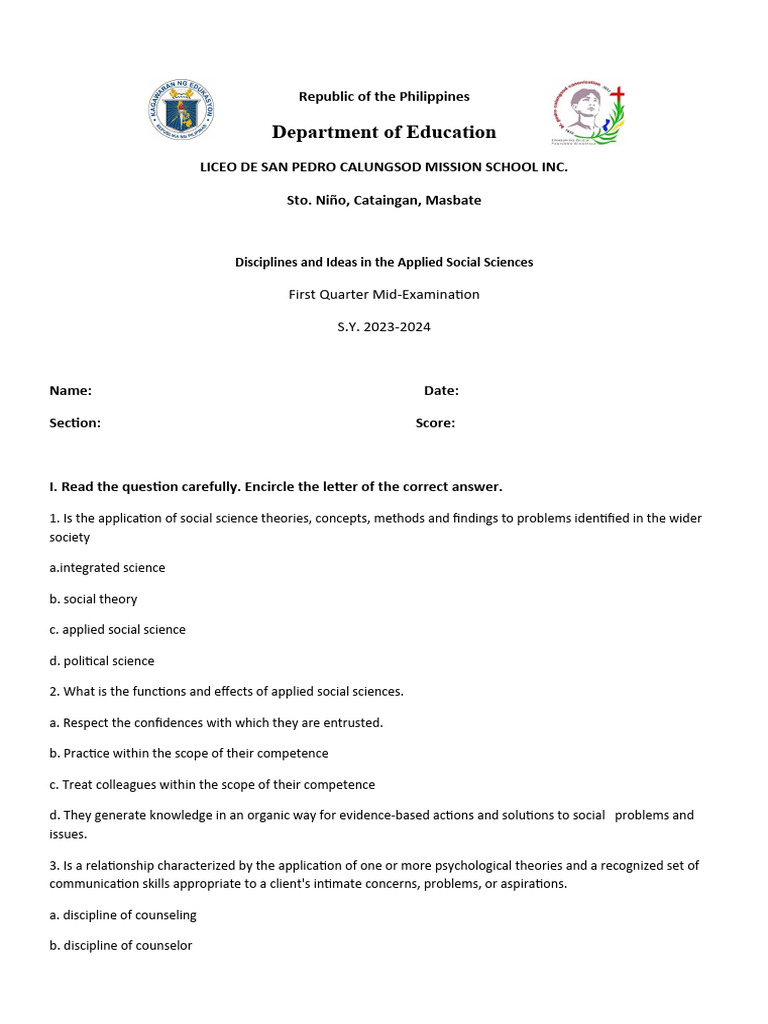 1st Quarter Mid Exam Questionnaire2 | PDF | Psychotherapy | School ...