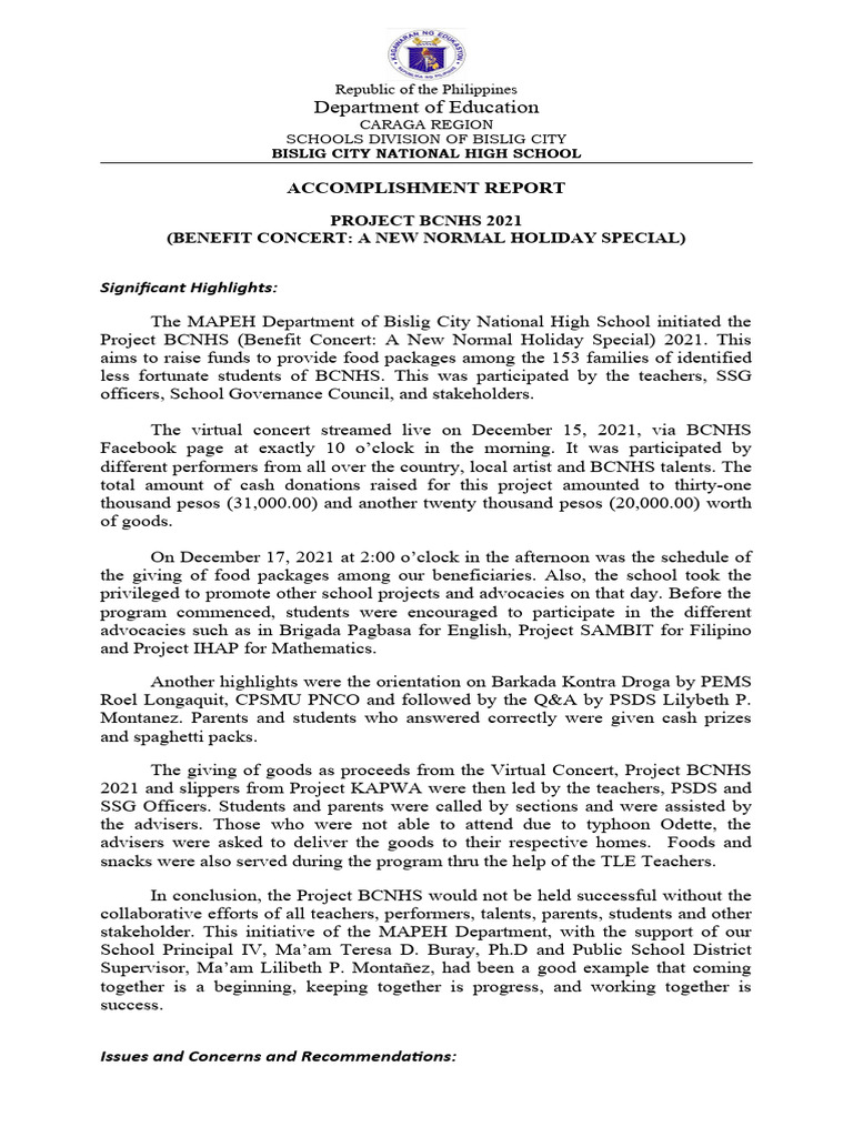 Accomplishment Report For PROJECT BCNHS 2021 | PDF