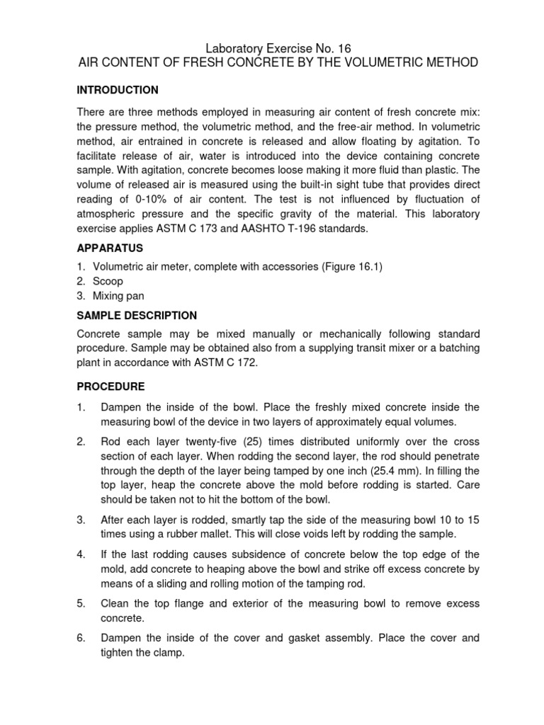 LabEx No. 16 Air Content of Fresh Concrete by The Volumetric Method | PDF