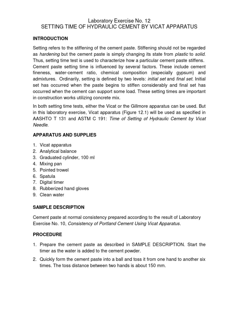 LabEx No. 12 Setting Time of Hydraulic Cement Using Vicat Apparatus ...