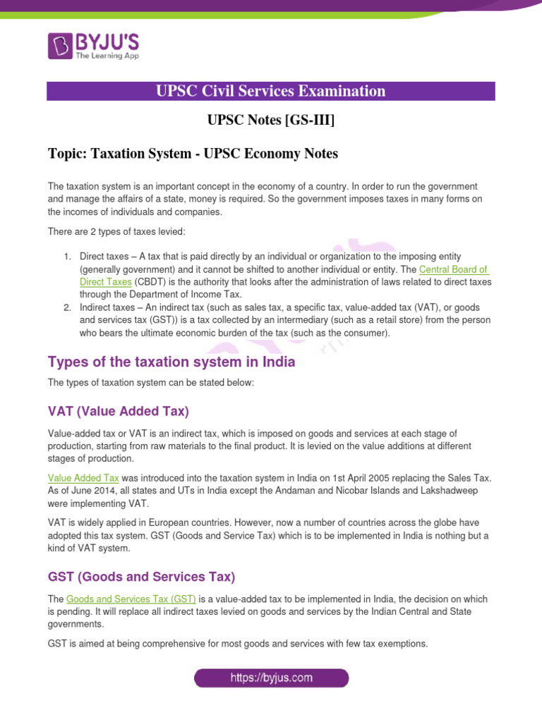 Taxation System UPSC Economy Notes | PDF