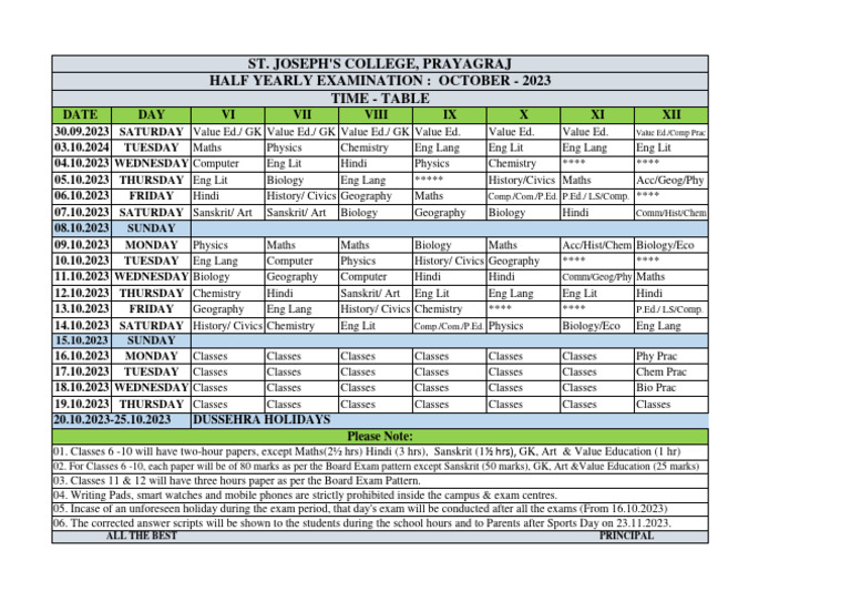 Half Yearly Time Table 2023 | PDF