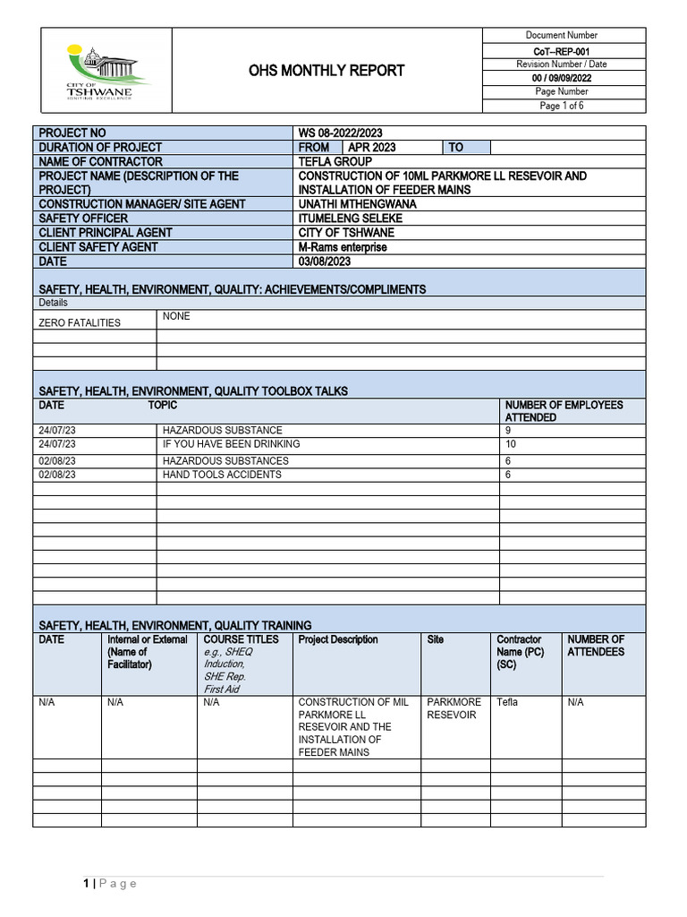 OHS Monthly Report - C.O.T MARCH | PDF | Occupational Safety And Health ...