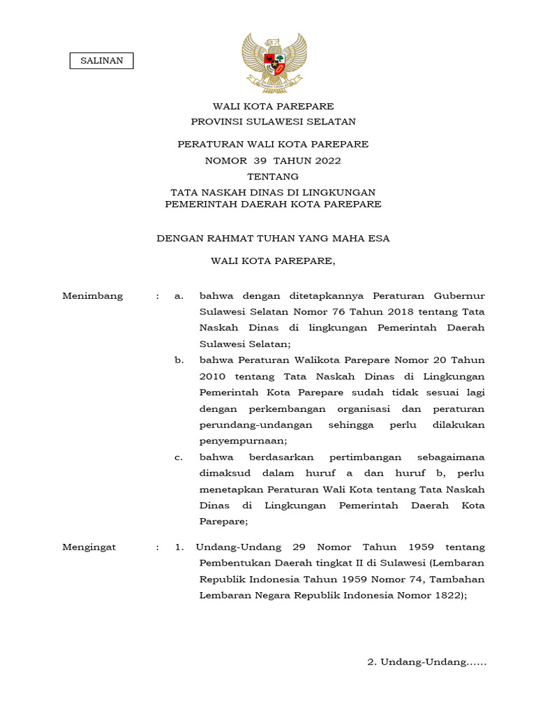 Perwa No. 39 THN 2022 | PDF