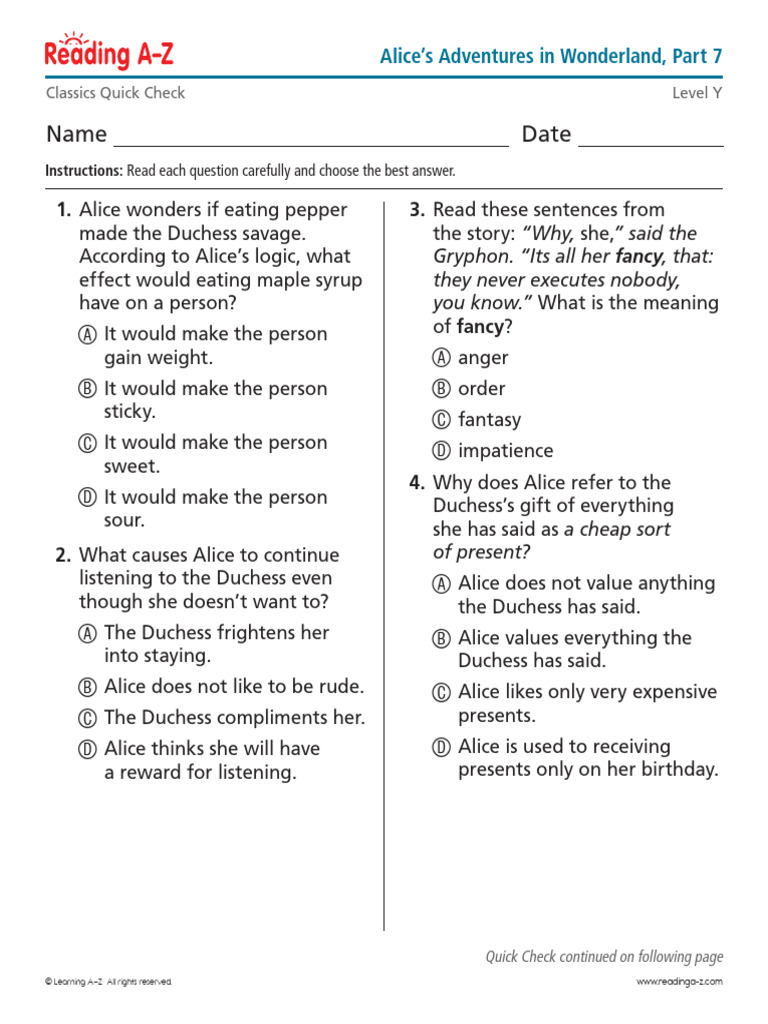Alice in Wonderland: Part 7 Quiz | PDF | Alice (Alice's Adventures In ...