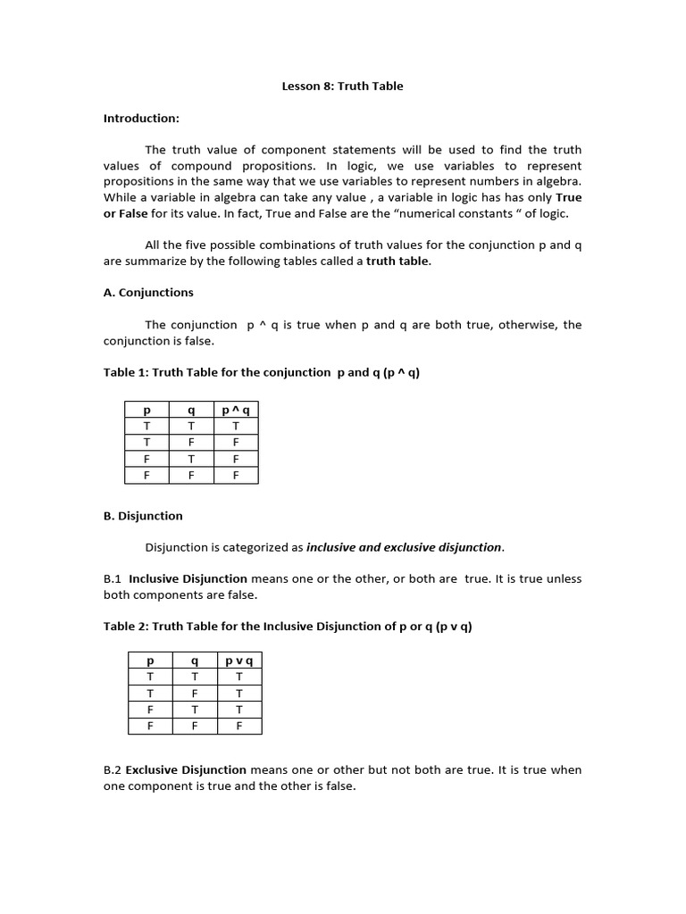 Logic Truth Tables Guide | PDF